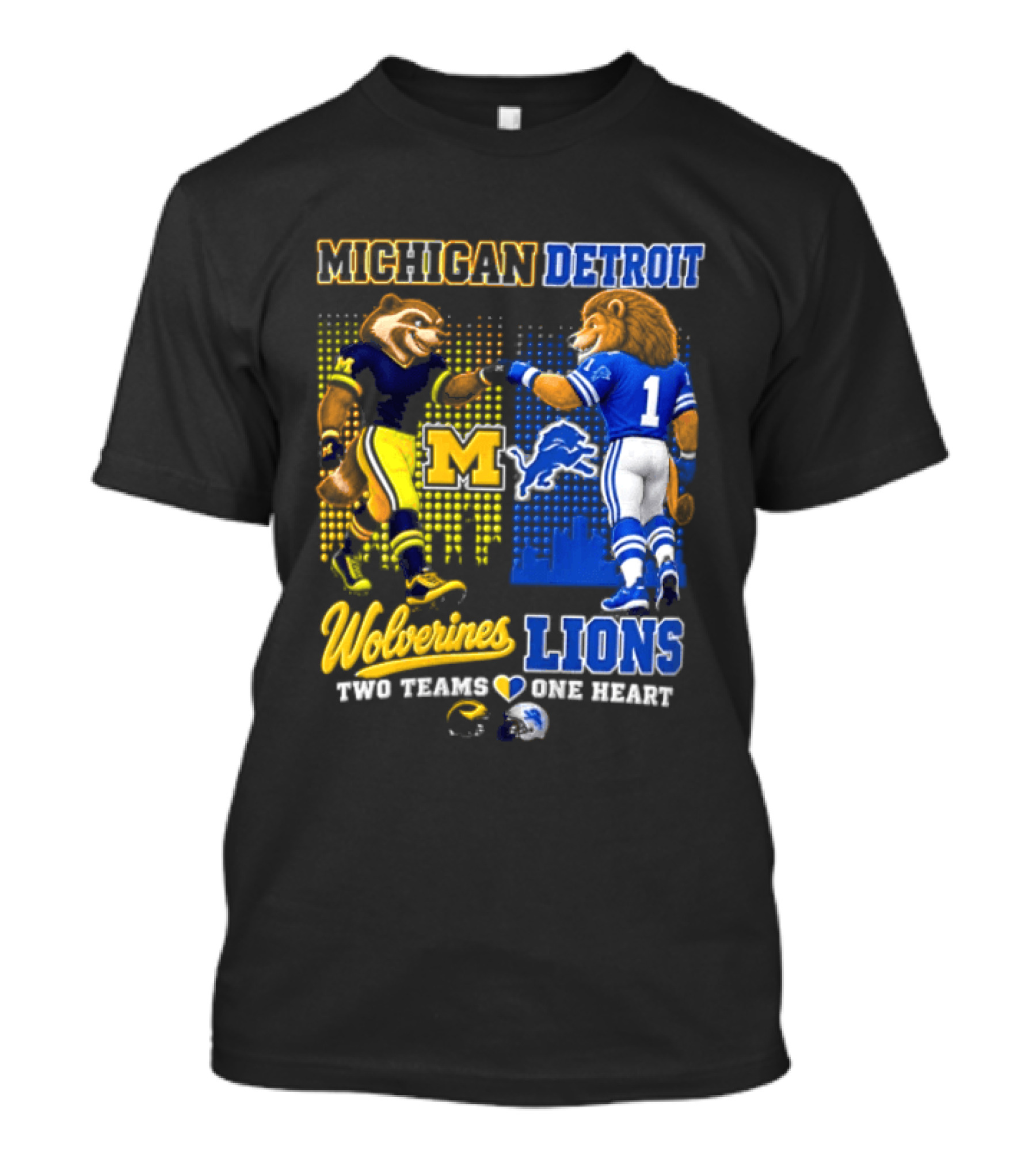 Michigan Detroit Wolverines Lions Two Teams One Heart T-Shirt