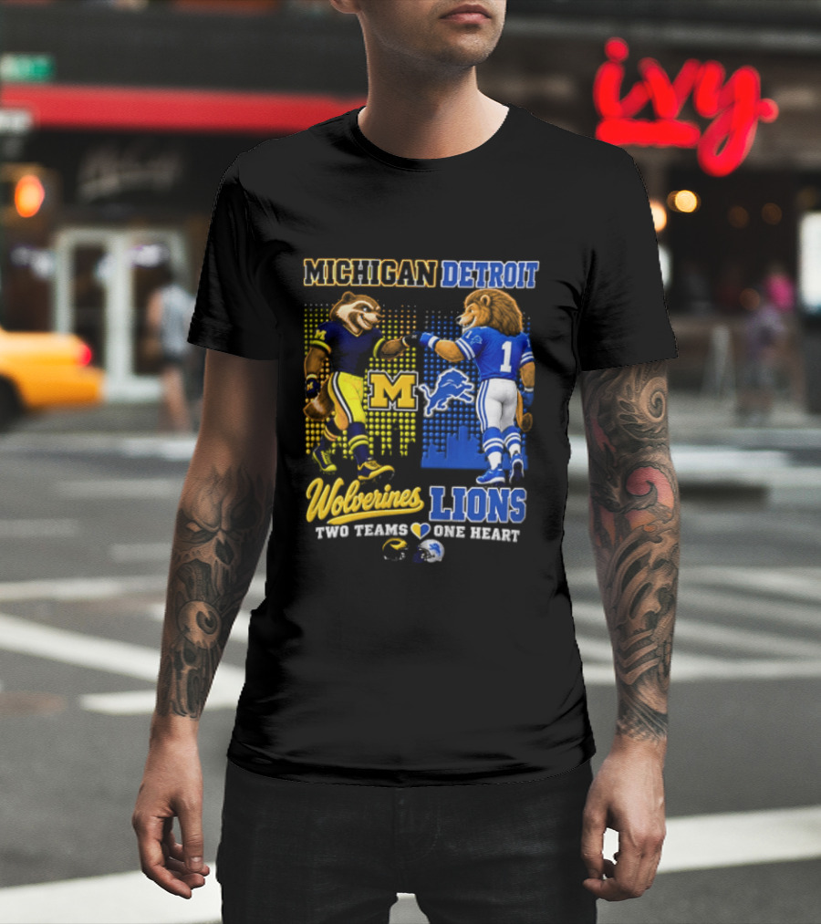 Michigan Detroit Wolverines Lions Two Teams One Heart T-Shirt