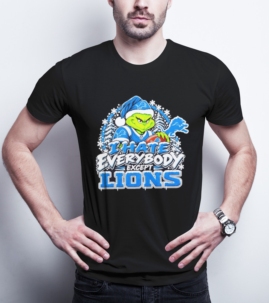 I Hate Everybody Except Detroit Lions Grinch Christmas Football T-Shirt