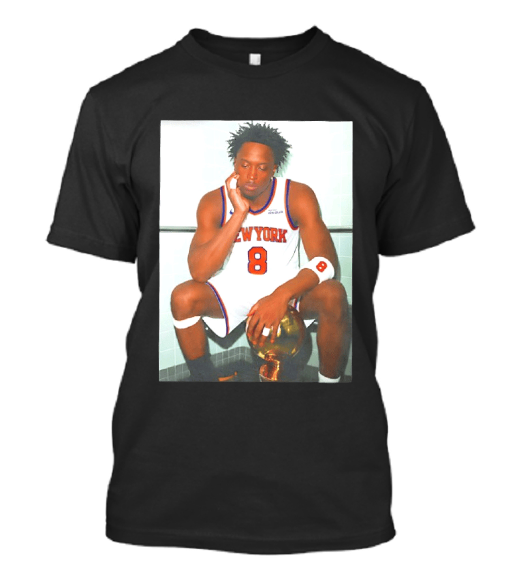 New York Knicks OG Anunoby Wearing Number 8 Jersey Holding Trophy T-Shirt