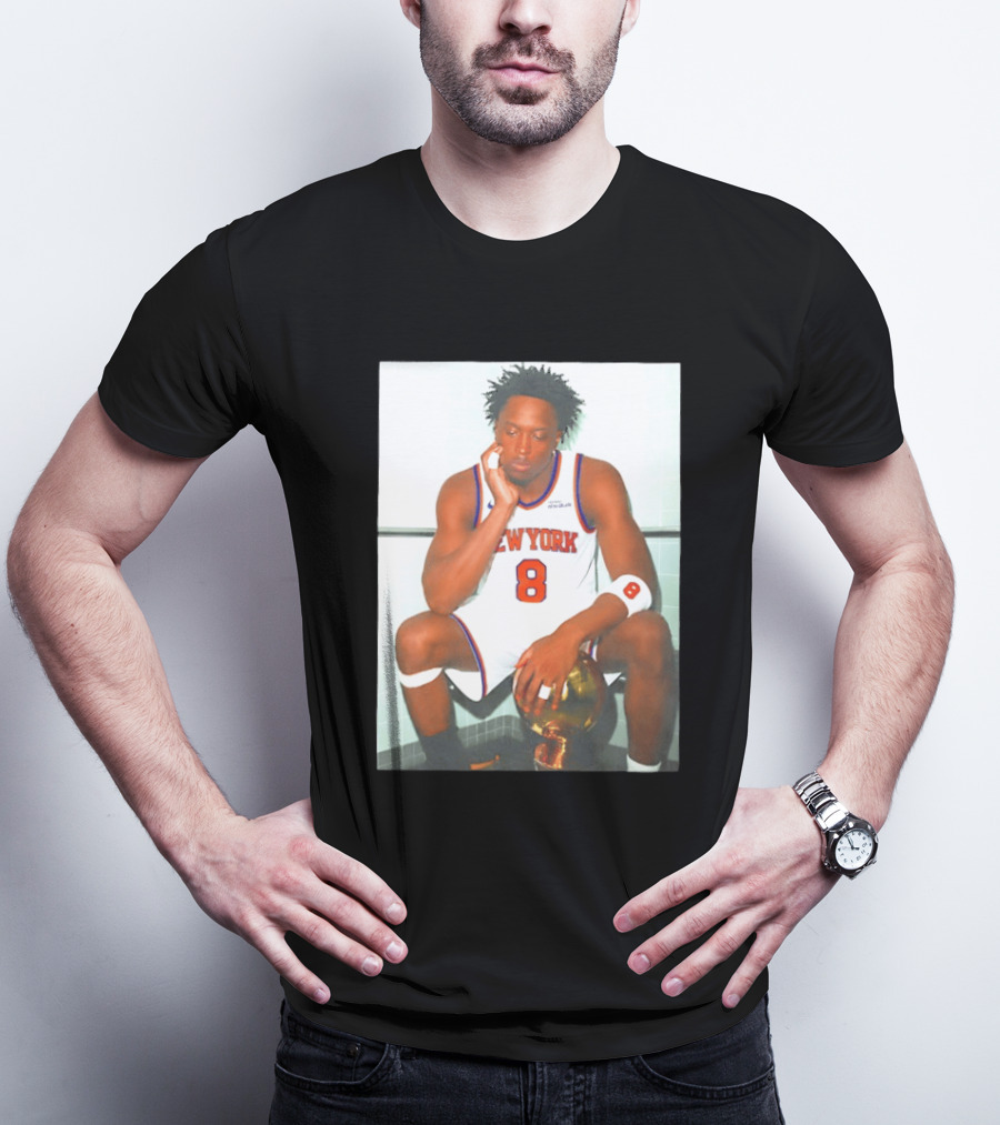 New York Knicks OG Anunoby Wearing Number 8 Jersey Holding Trophy T-Shirt