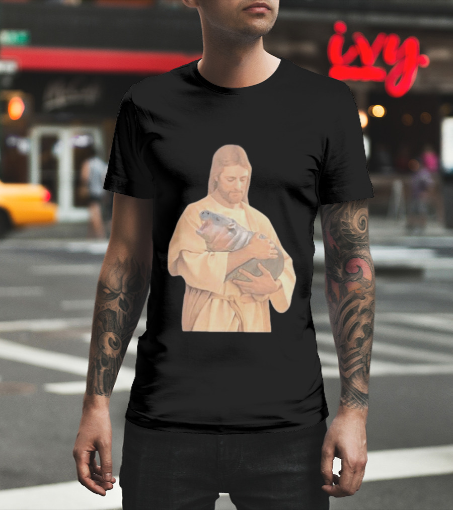 Jesus Moo Deng Hippopotamus Embrace T-Shirt