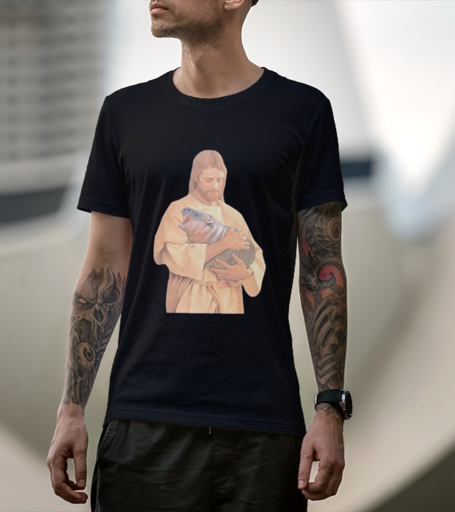 Jesus Moo Deng Hippopotamus Embrace T-Shirt