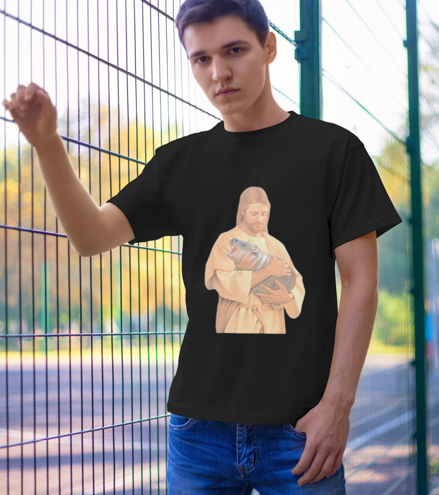 Jesus Moo Deng Hippopotamus Embrace T-Shirt