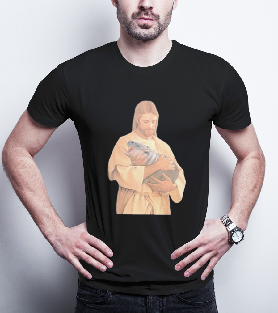 Jesus Moo Deng Hippopotamus Embrace T-Shirt