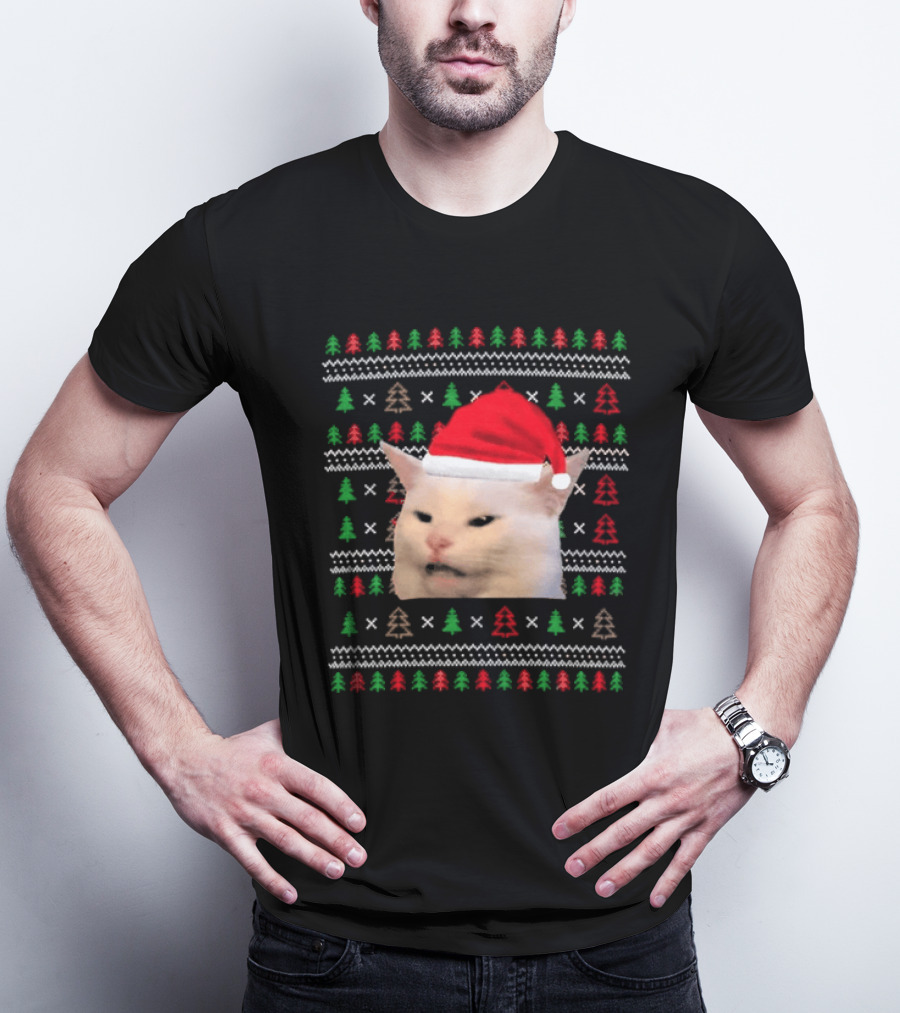 Santa Hat Cat Meme Ugly Christmas Black Tree T-Shirt