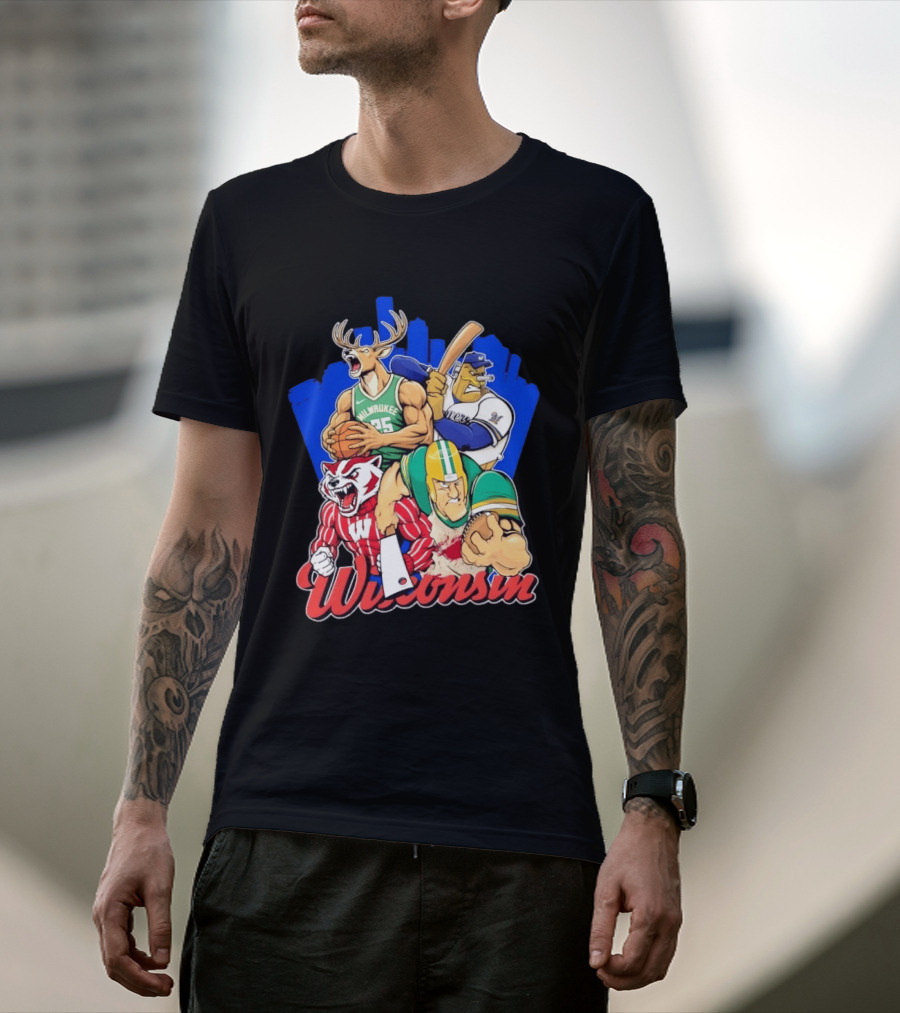 Wisconsin Badgers Milwaukee Bucks Brewers Sports Team Collage T-Shirt