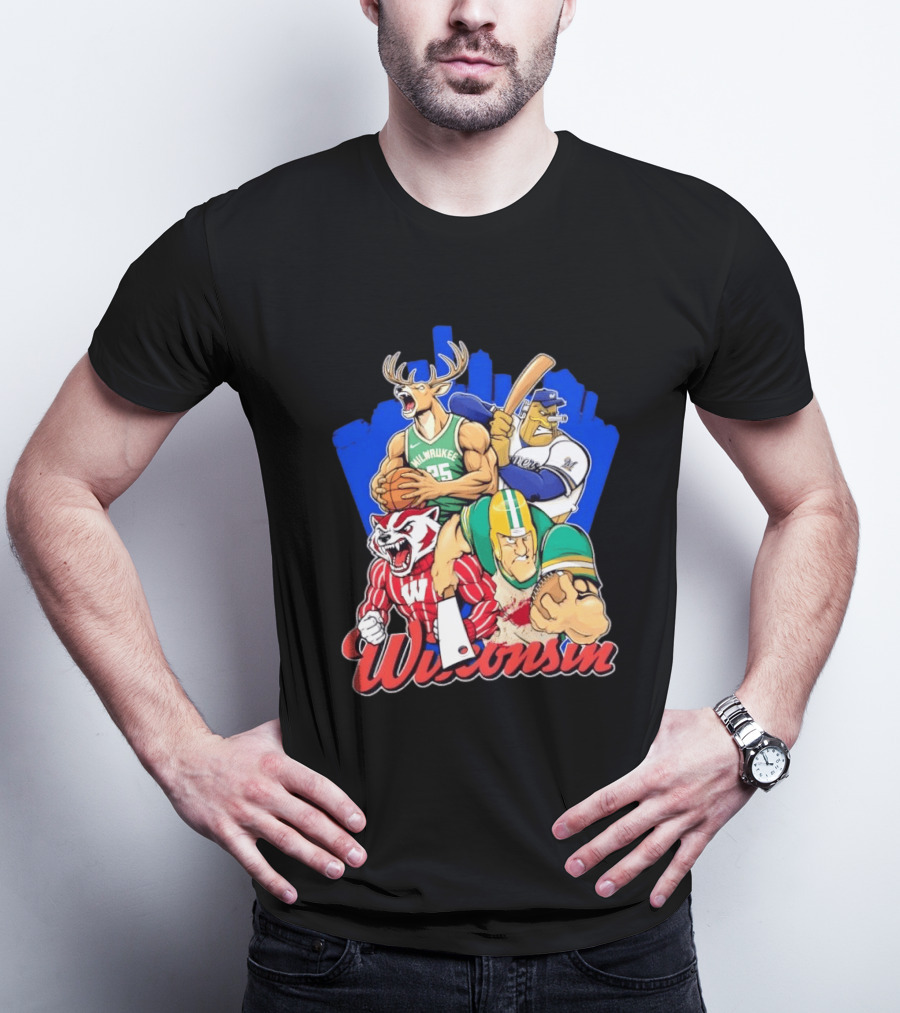 Wisconsin Badgers Milwaukee Bucks Brewers Sports Team Collage T-Shirt