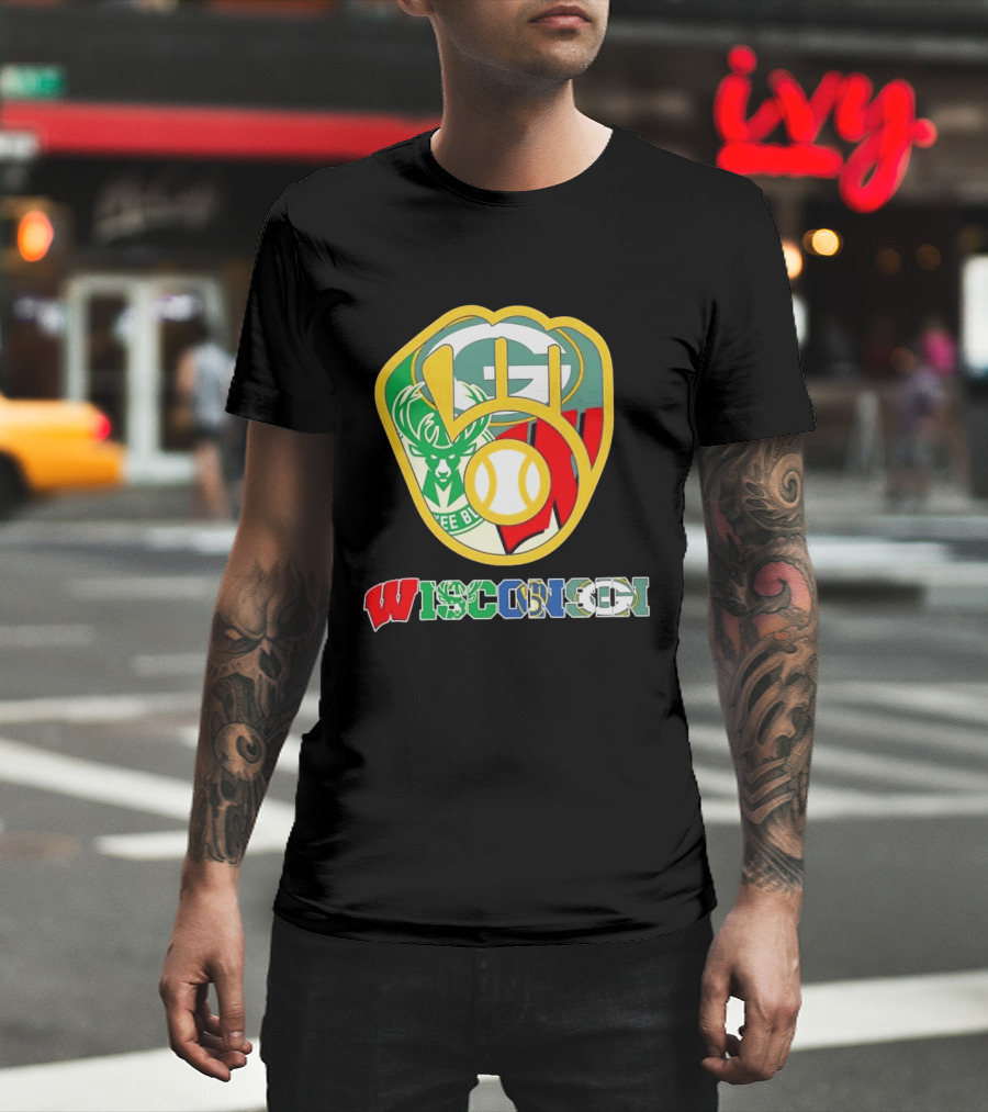 Wisconsin Green Bay Packers Milwaukee Bucks Brewers Collage T-Shirt