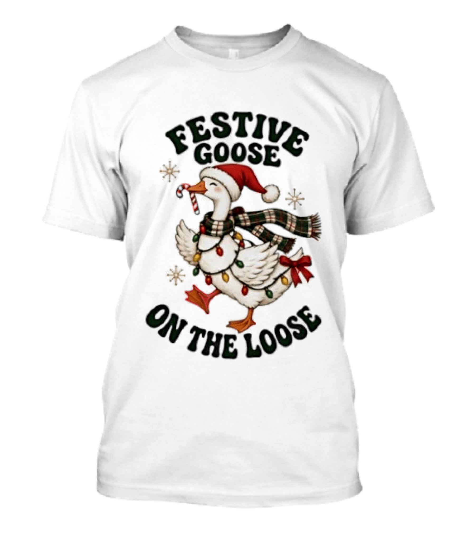 Festive Goose On The Loose Christmas Holiday Lights Scarf Snowflakes T-Shirt