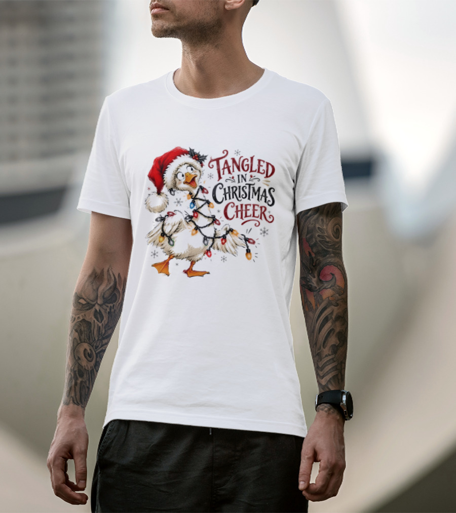 Tangled In Christmas Cheer Goose With Holiday Lights And Santa Hat T-Shirt