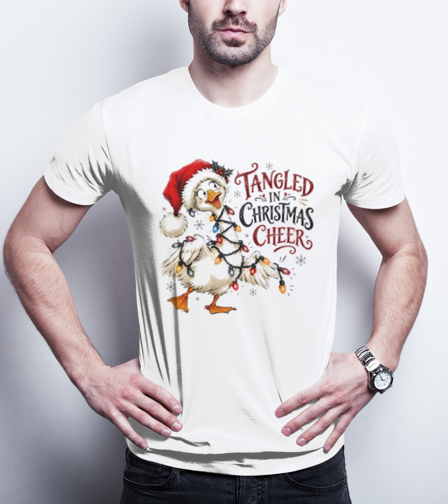 Tangled In Christmas Cheer Goose With Holiday Lights And Santa Hat T-Shirt