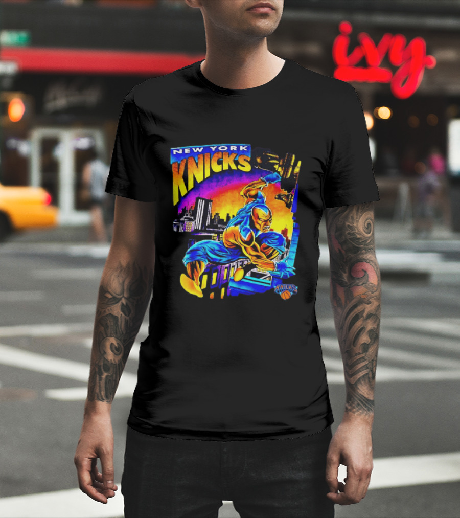 New York Knicks Superhero Action Skyline Scene T-Shirt