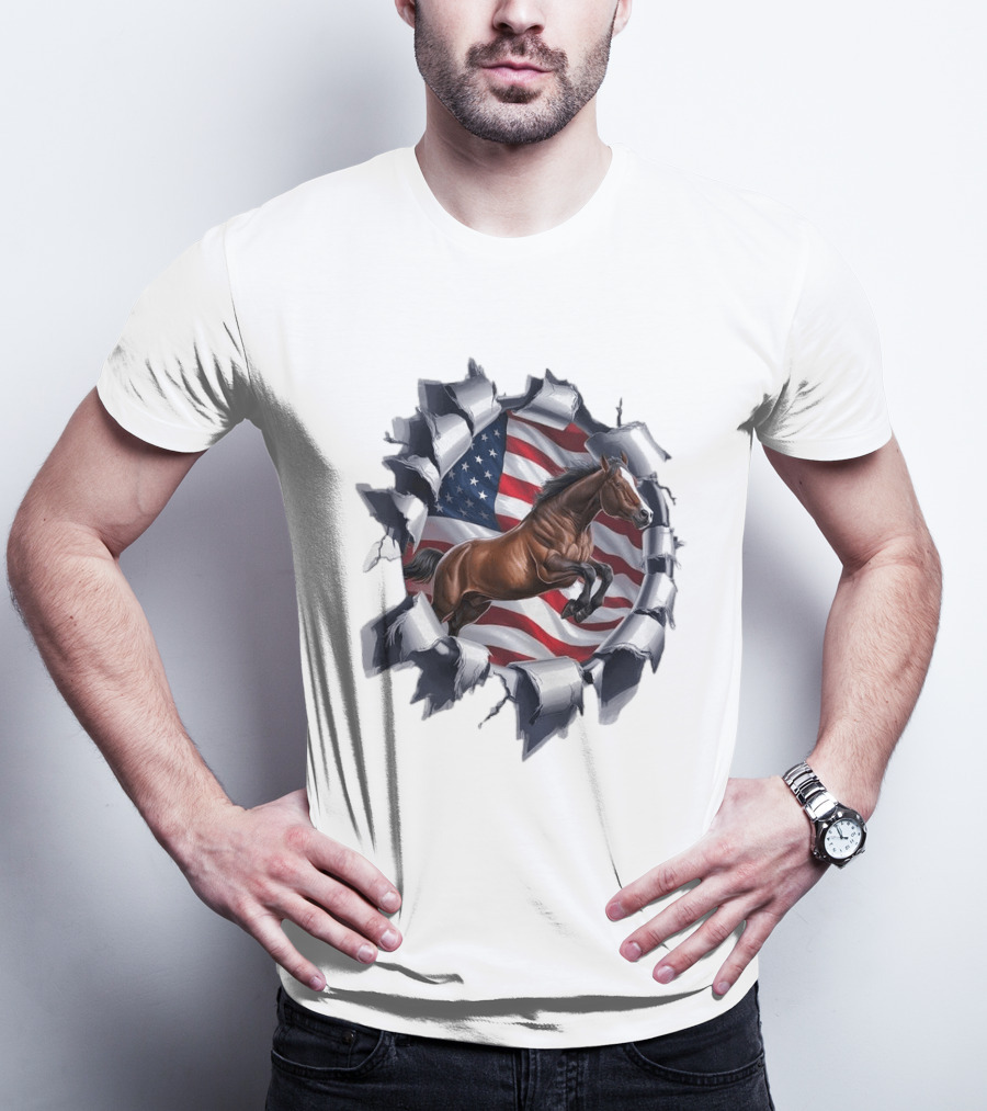 Escaping Horse With American Flag Background 3D Effect T-Shirt