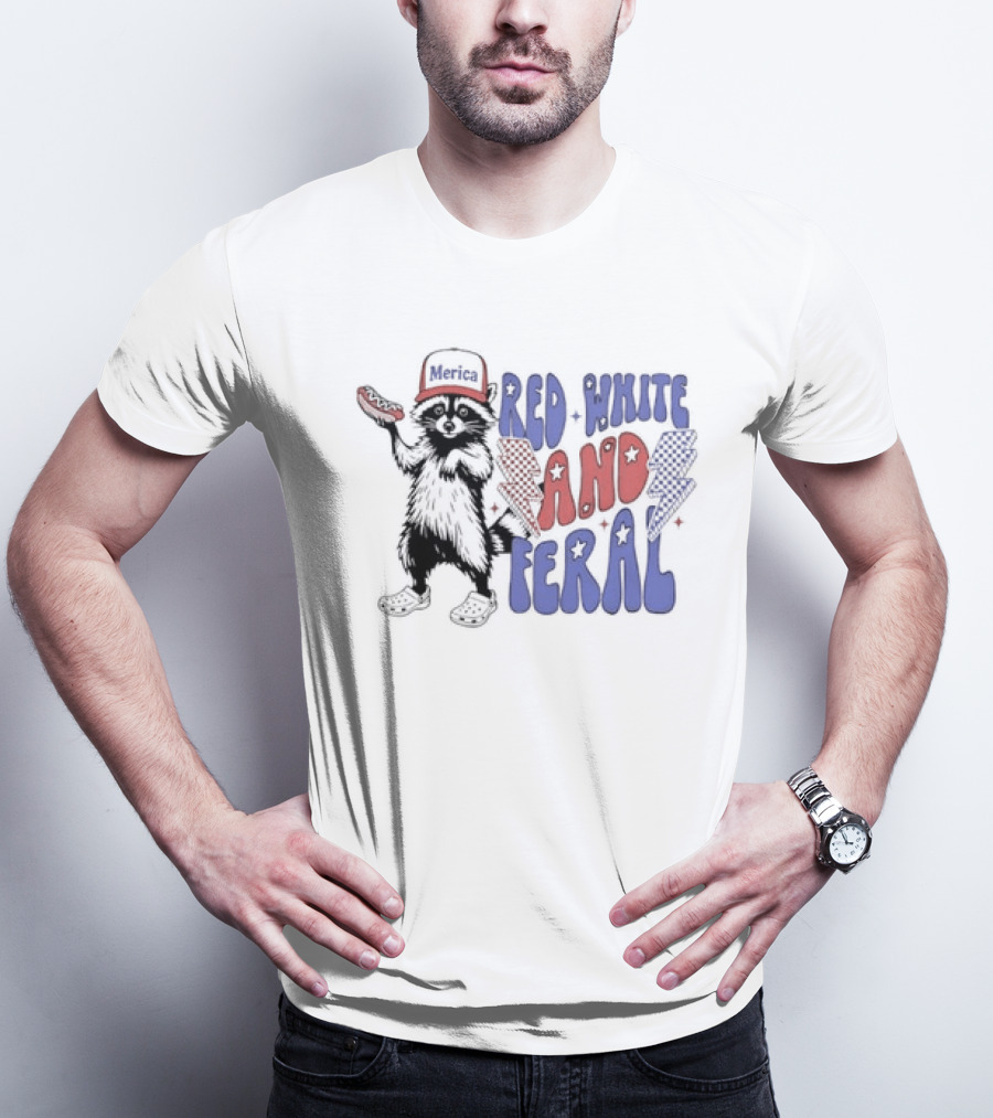 Raccoon Red White And Feral Hot Dog 4th Of July Merica Independence Day T-Shirt