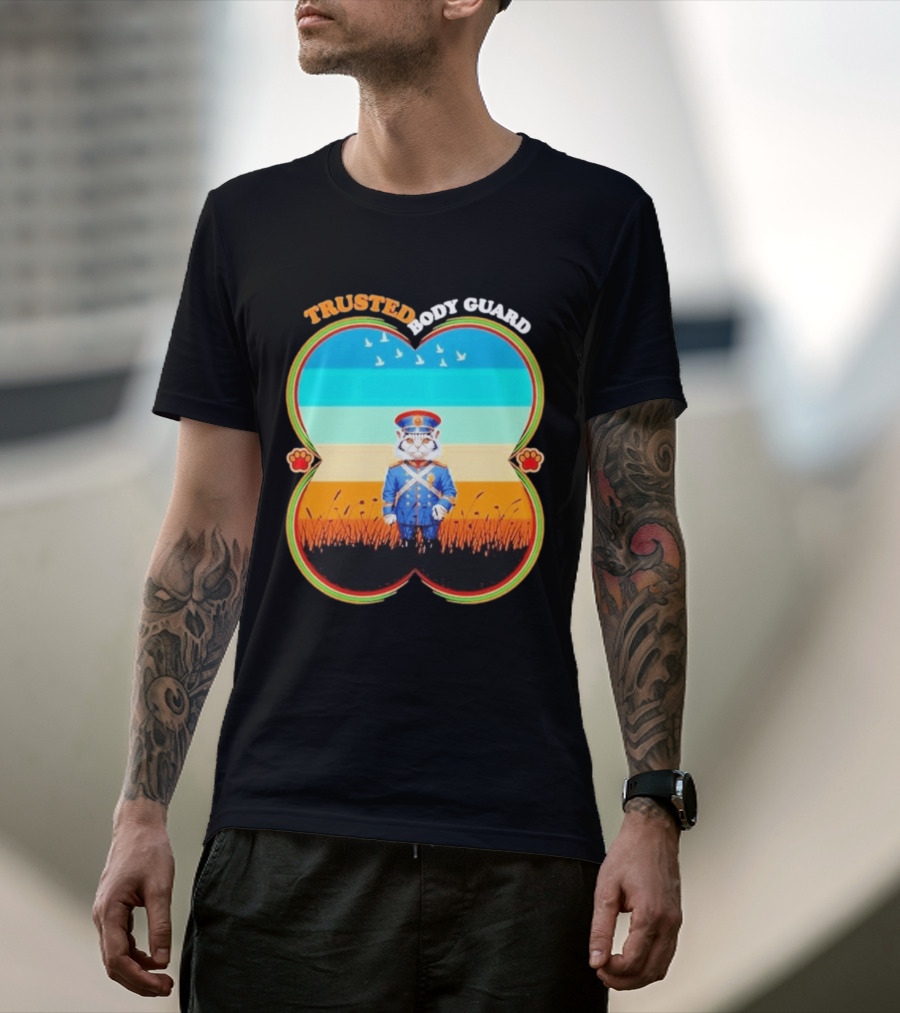Trusted Body Guard Cat In Uniform With Sunset And Bird T-Shirt