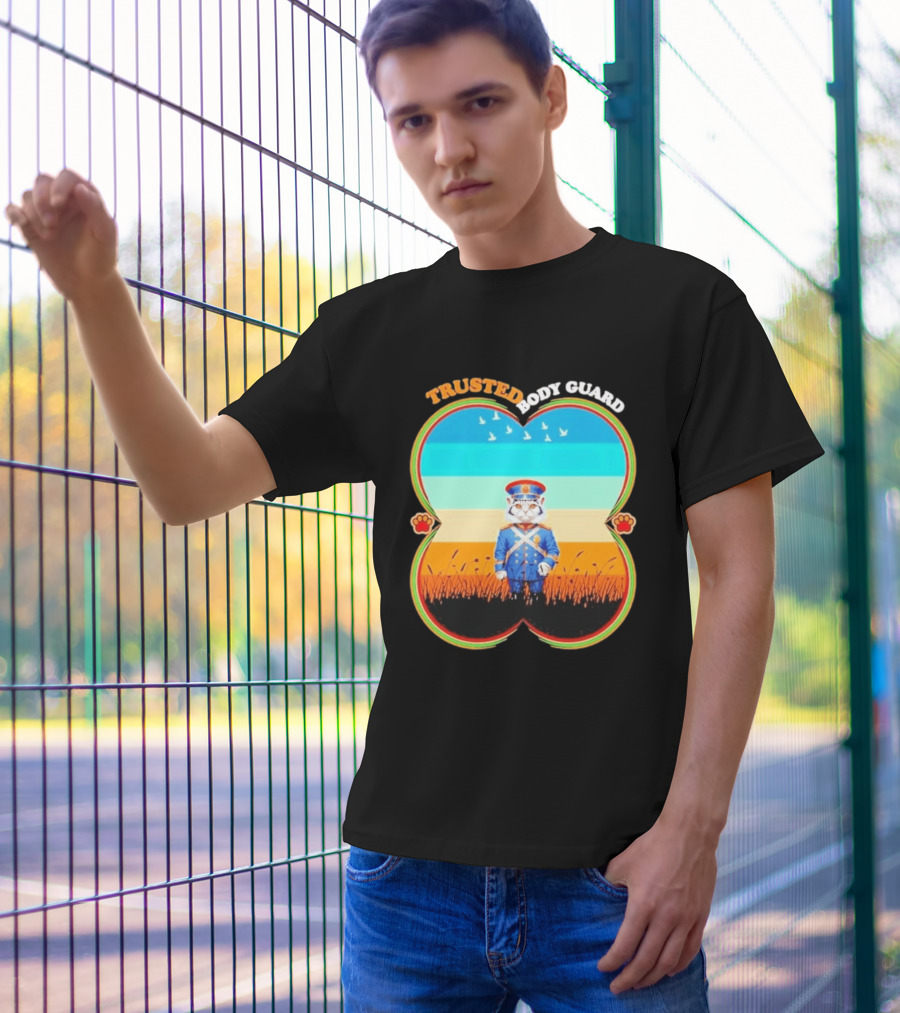 Trusted Body Guard Cat In Uniform With Sunset And Bird T-Shirt