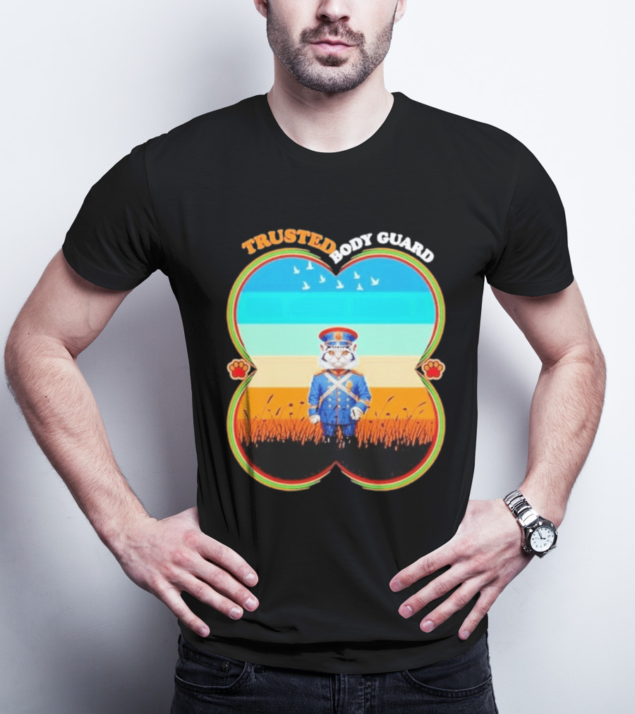 Trusted Body Guard Cat In Uniform With Sunset And Bird T-Shirt