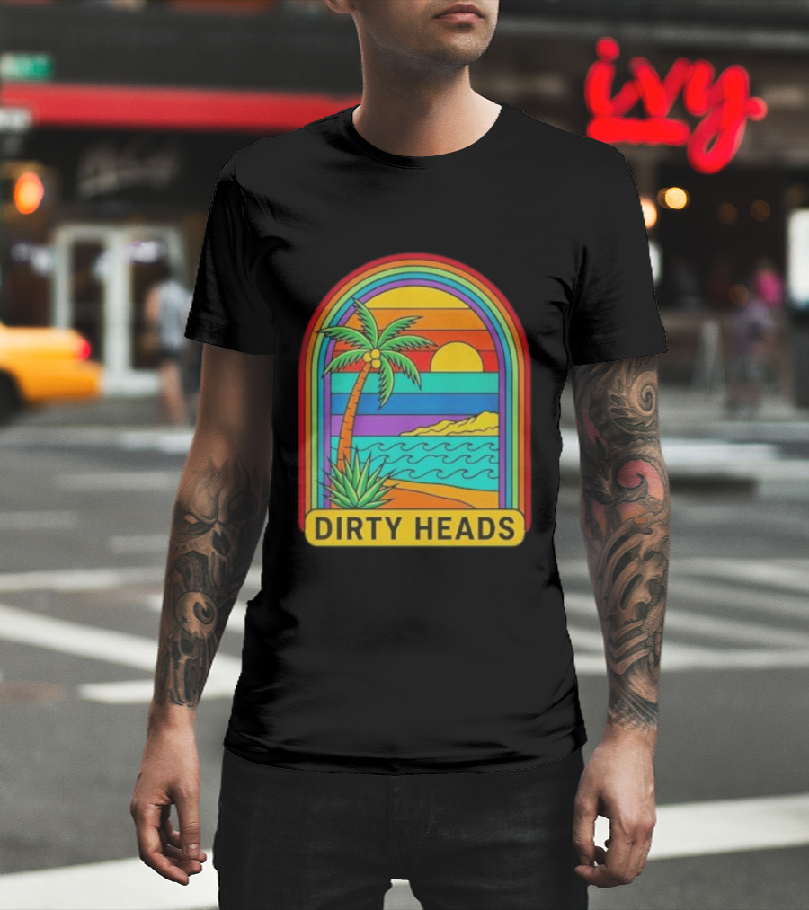 Dirty Heads Vibrant Sunset Beach Scene With Palm Tree And Waves T-Shirt