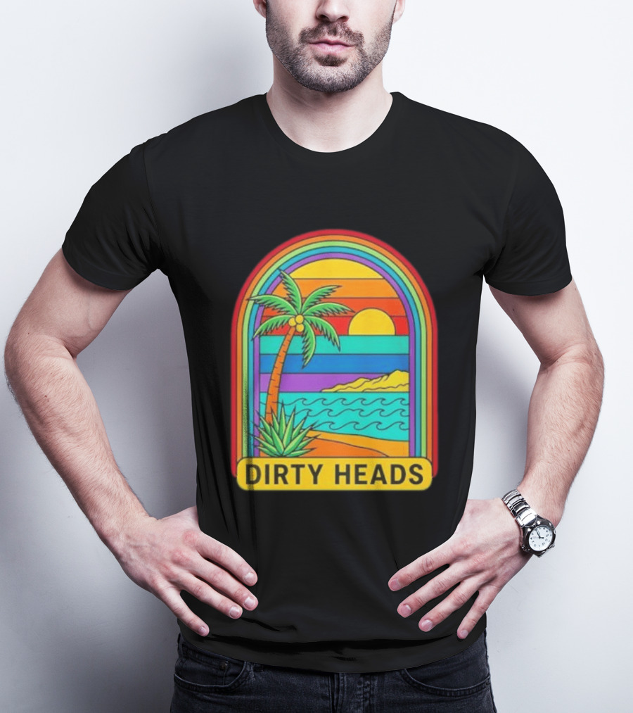 Dirty Heads Vibrant Sunset Beach Scene With Palm Tree And Waves T-Shirt