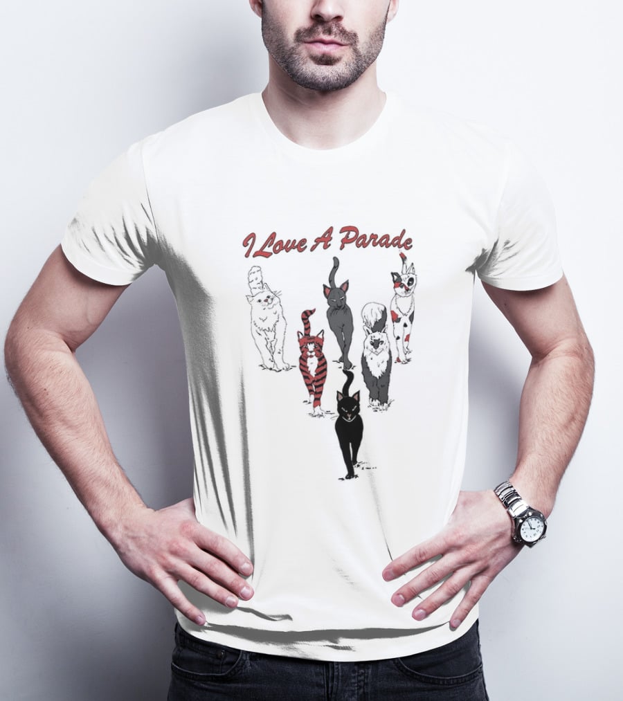 I Love A Parade Walking Cats Black Silhouettes Red Stripes T-Shirt