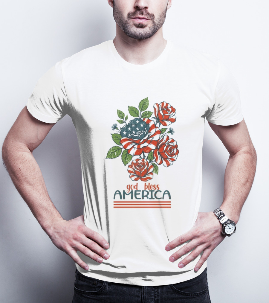 Patriotic Floral God Bless America Roses With Red White Blue Stripes T-Shirt
