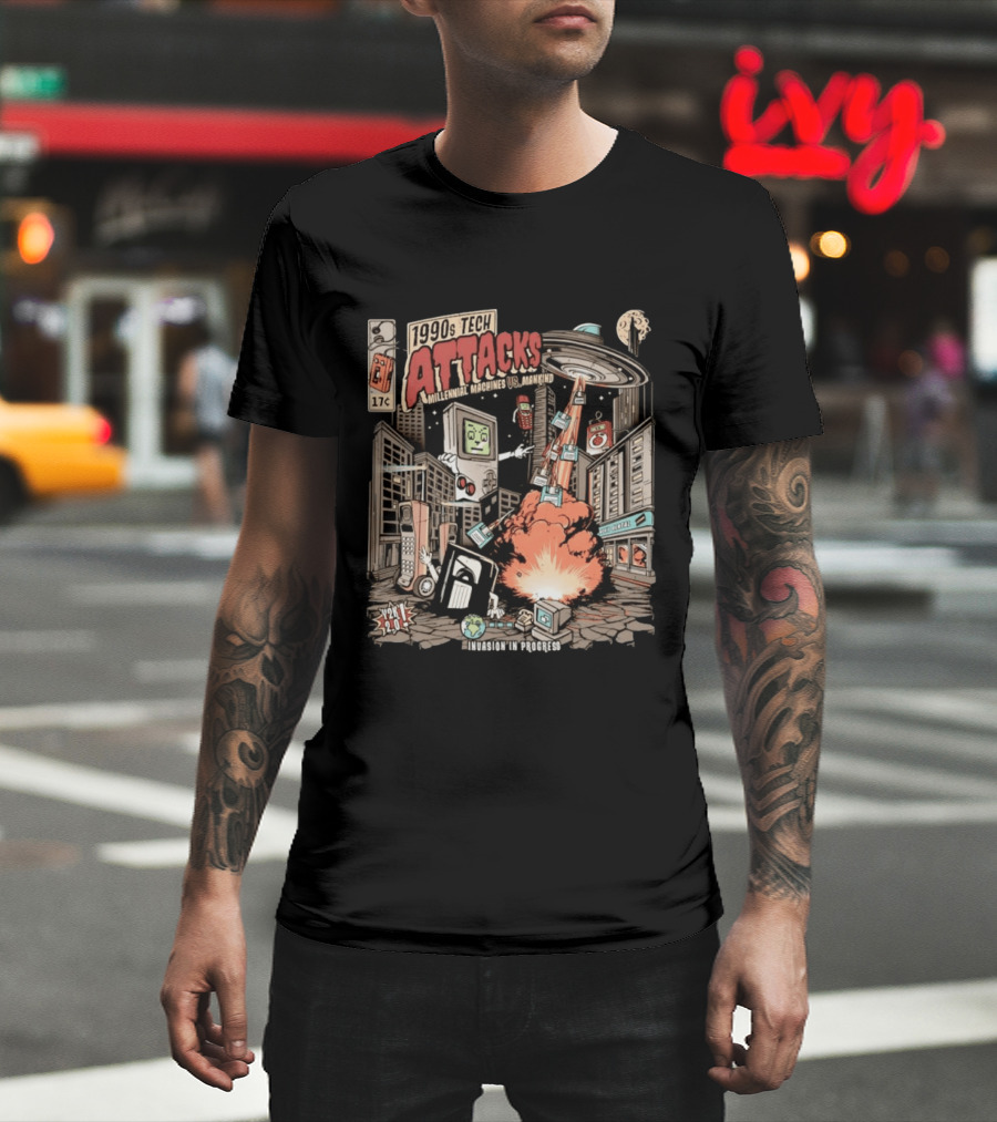 1990s Tech Attacks Millennial Machines Vs Mankind Invasion In Progress Y2K 2.0 T-Shirt