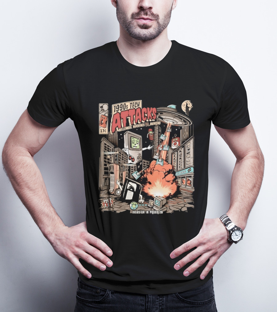 1990s Tech Attacks Millennial Machines Vs Mankind Invasion In Progress Y2K 2.0 T-Shirt