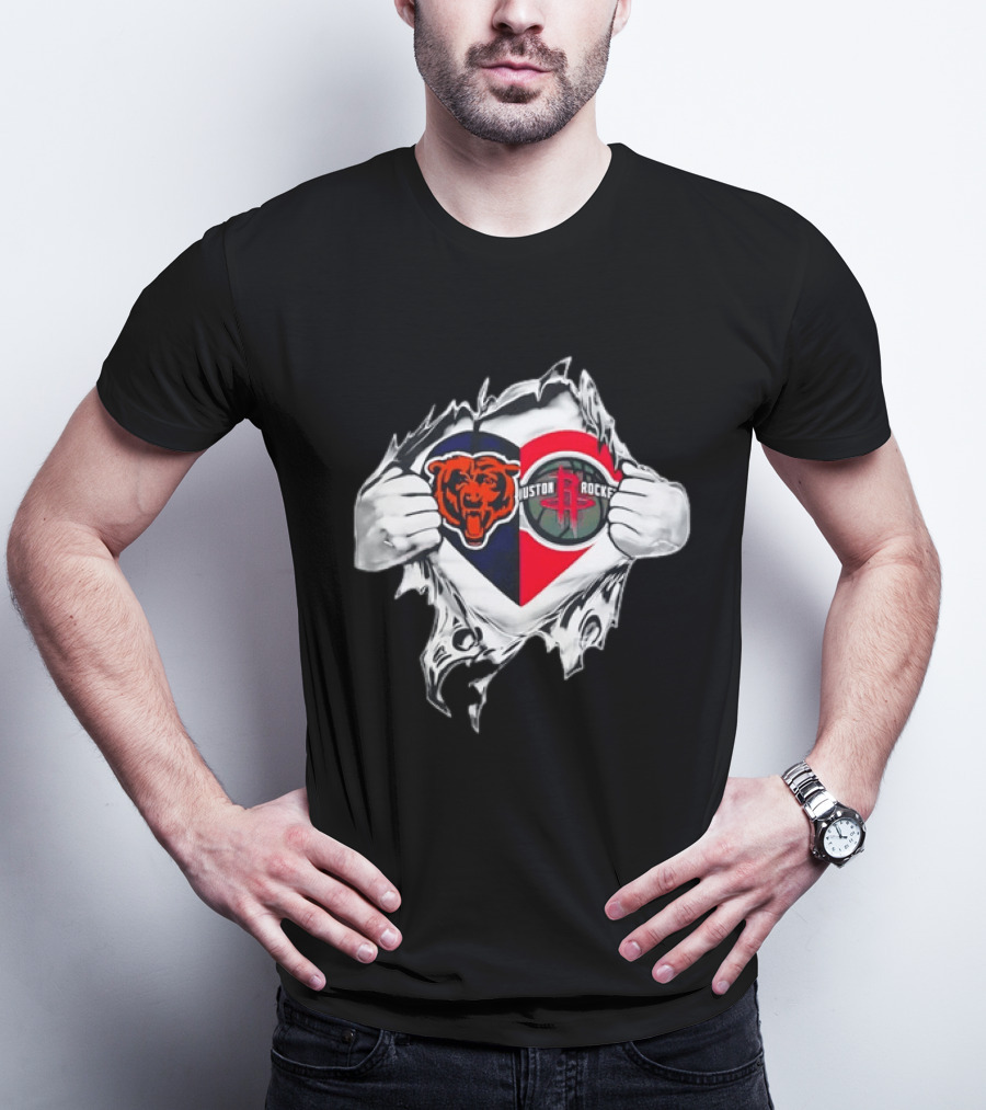 Chicago Bears Houston Rockets Ripped Chest Duo Logo Fan Gear T-Shirt