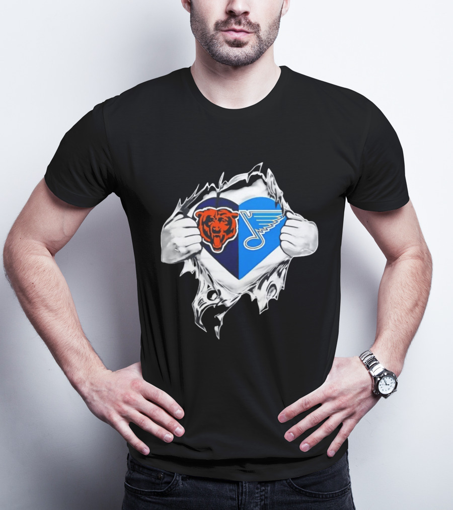 Chicago Bears St Louis Blues Heart Ripping Open Chest Fans Passion Fusion T-Shirt