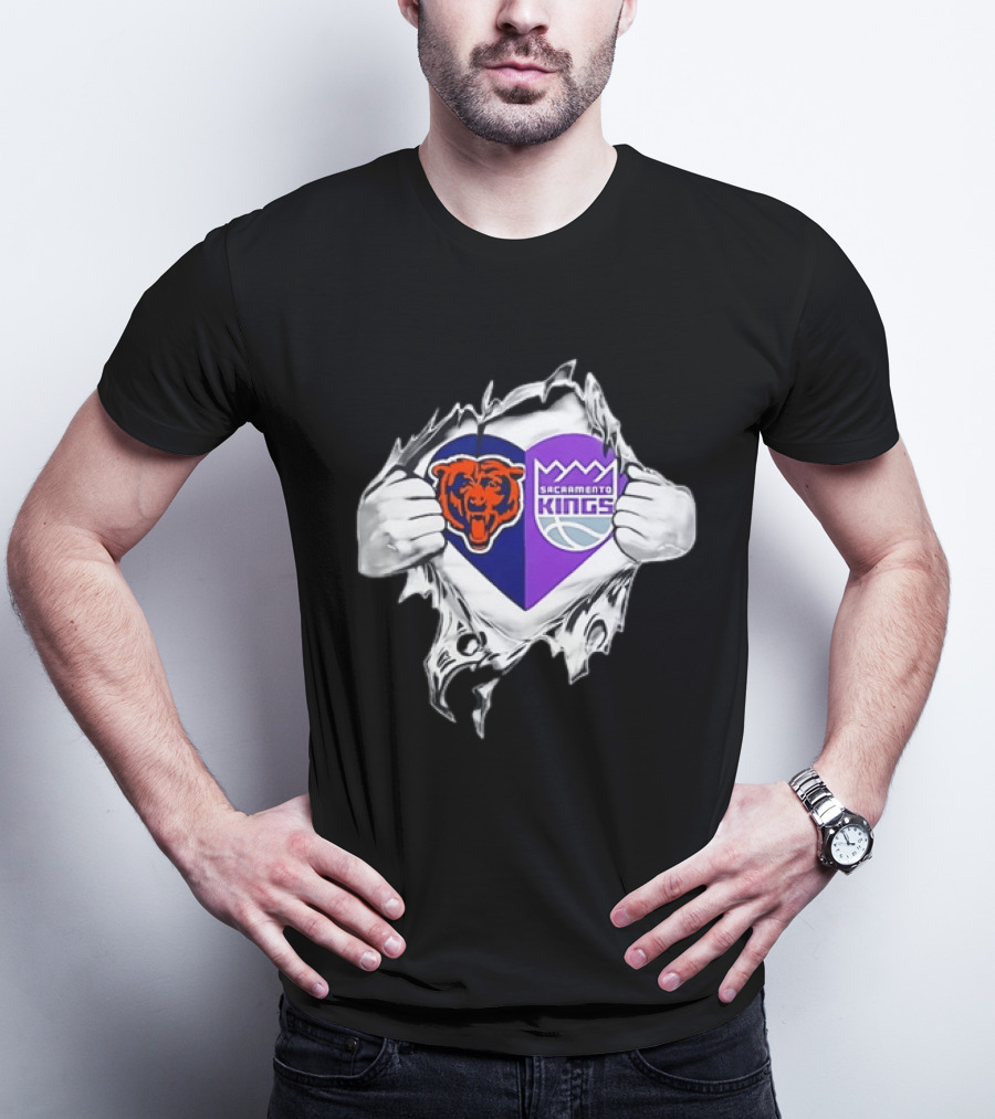 Heart Rip Chicago Bears Sacramento Kings Fan Logo Combo T-Shirt