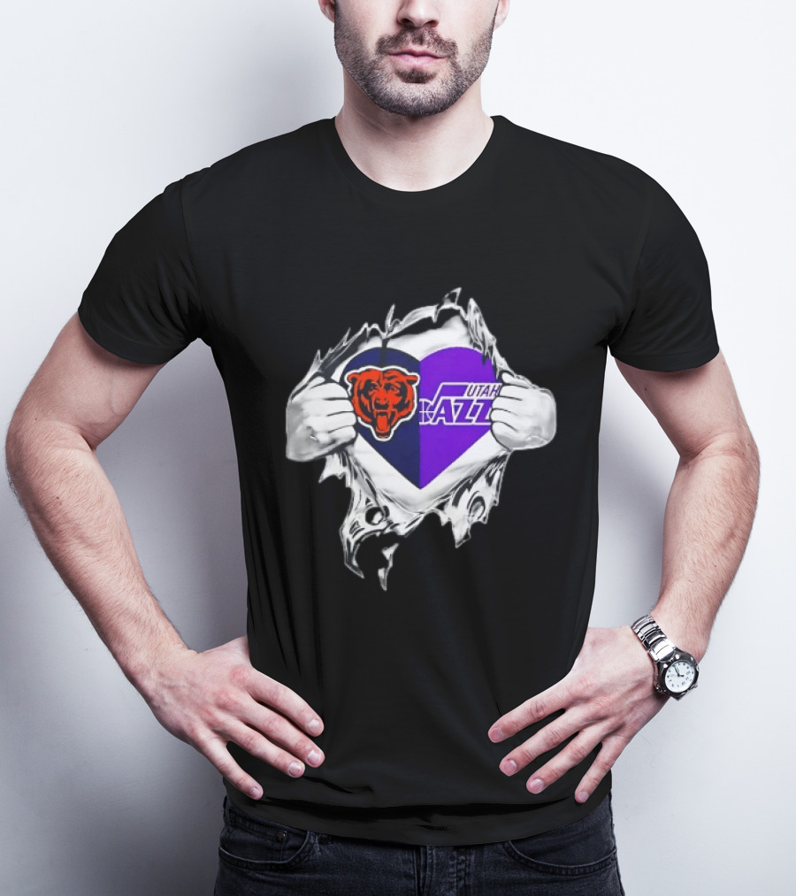 Heart Split Chicago Bears Utah Jazz Team Logos T-Shirt