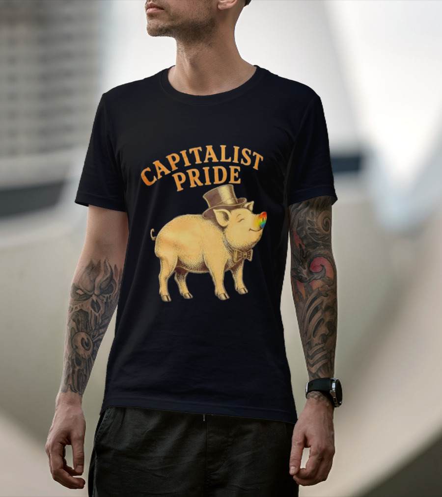 Capitalist Pride Pig With Rainbow Nose And Top Hat Bow Tie T-Shirt