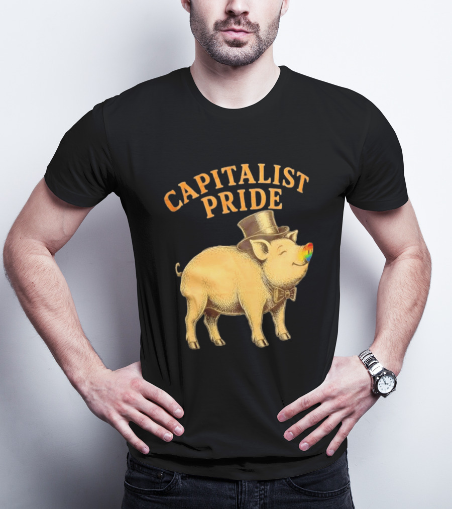 Capitalist Pride Pig With Rainbow Nose And Top Hat Bow Tie T-Shirt