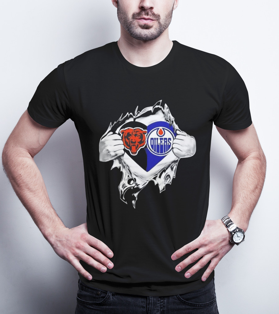Chicago Bears And Edmonton Oilers Logo Heart Tear T-Shirt