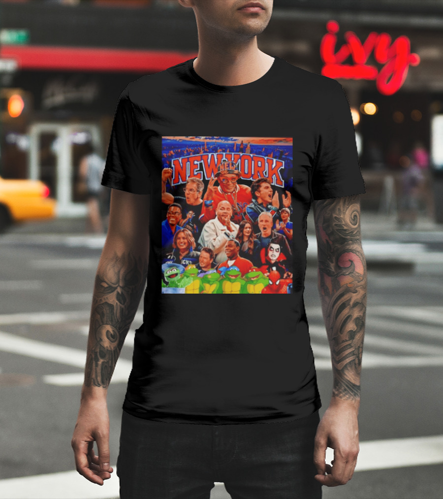 New York Knicks Fans Spike Lee Ben Stiller Timothee Chalamet Chris Rock Featuring Ninja Turtles And Spider Man T-Shirt