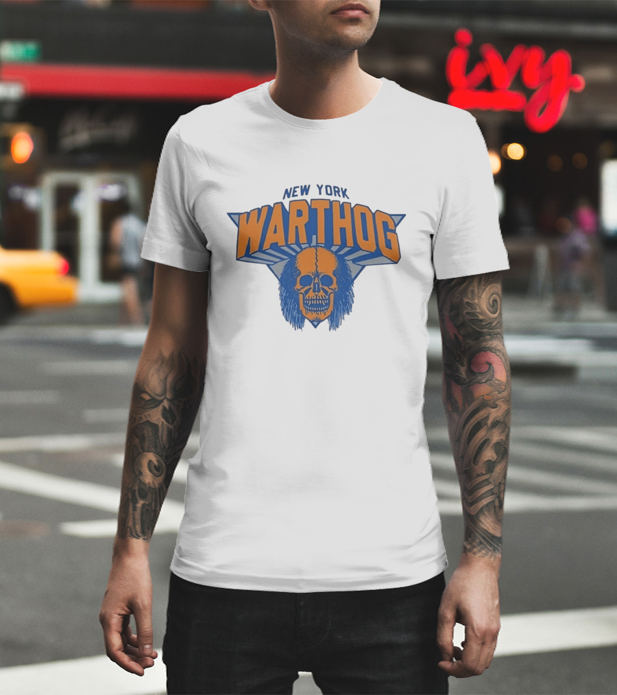 New York Warthog Skull Graphic Blue Orange T-Shirt