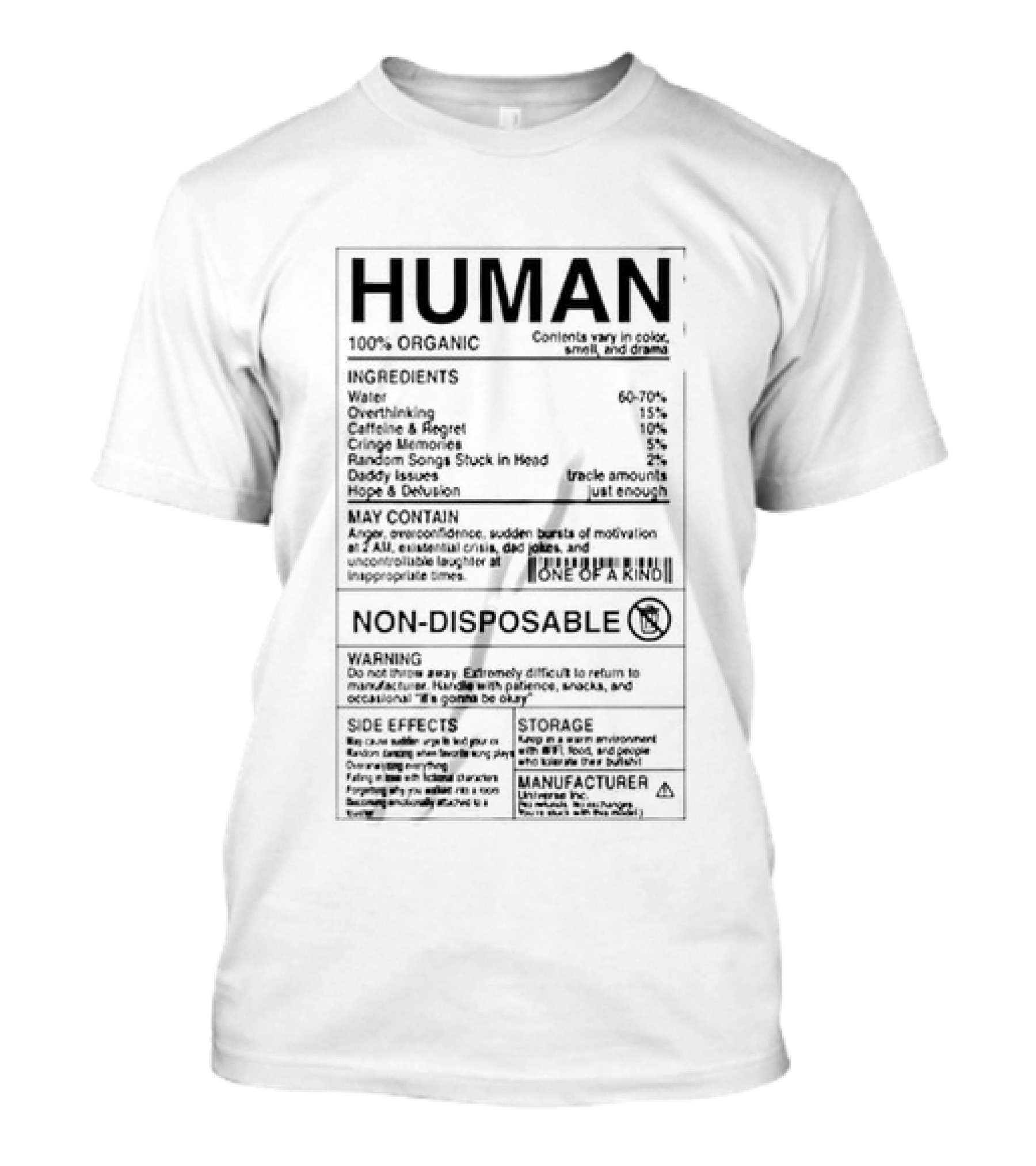 Human Nutrition Facts Ingredients Water Overthinking Caffeine Regret Non Disposable Sticker T-Shirt