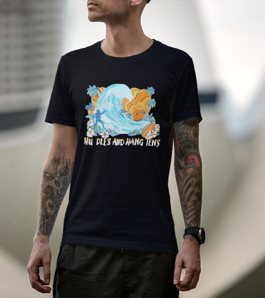Los Angeles Chargers Tommy Bahama Huddle And Hang Tens Tropical Wave Football Scene T-Shirt