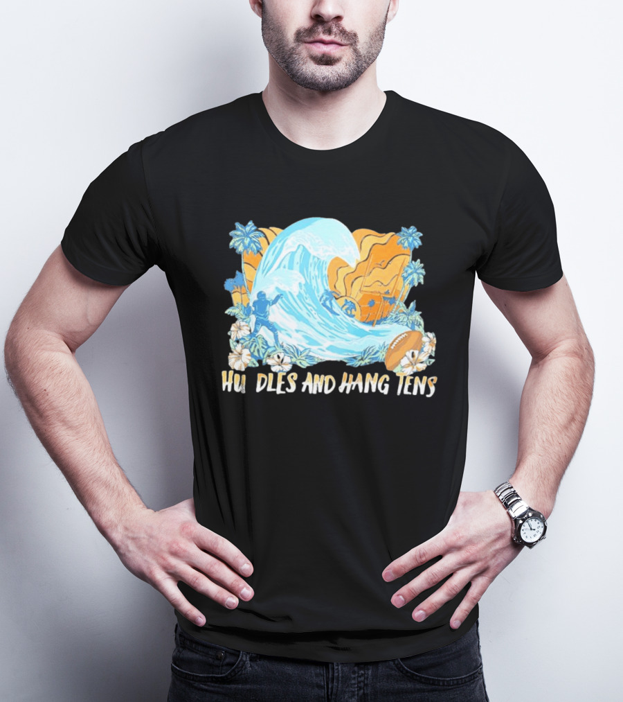 Los Angeles Chargers Tommy Bahama Huddle And Hang Tens Tropical Wave Football Scene T-Shirt