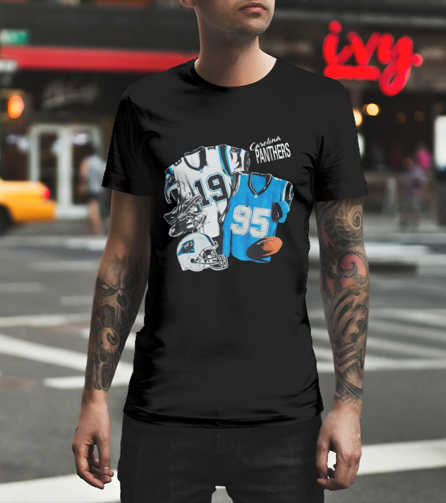 Carolina Panthers 19 95 Jerseys And Helmet With Football T-Shirt