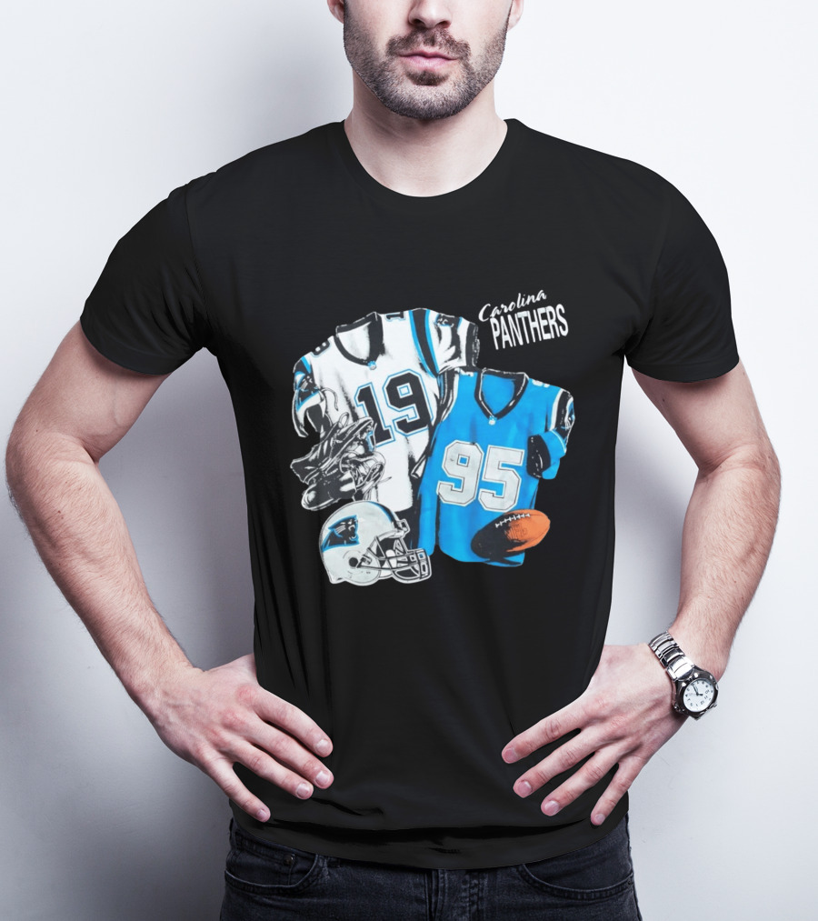 Carolina Panthers 19 95 Jerseys And Helmet With Football T-Shirt