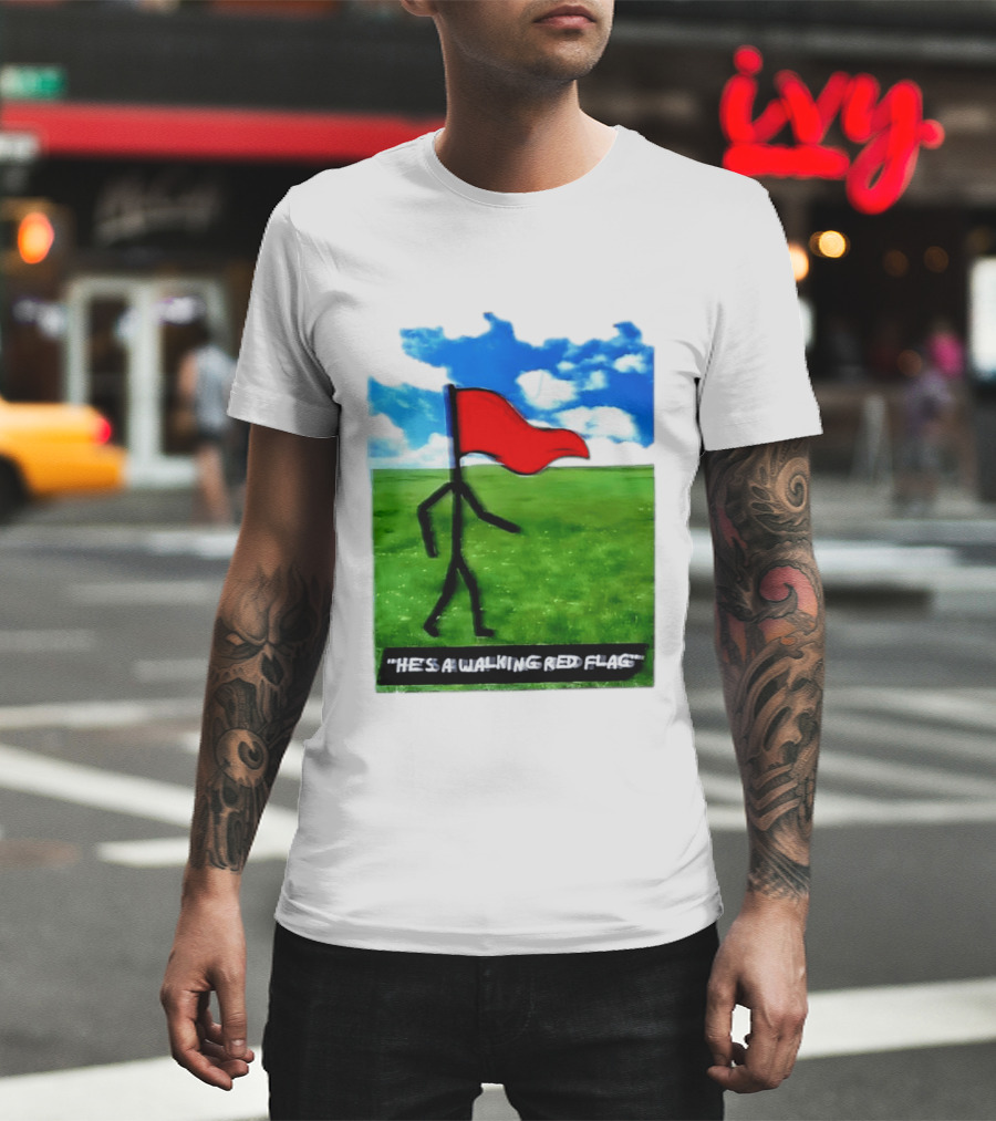 Stick Figure With Red Flag Walking In Field With Blue Sky T-Shirt