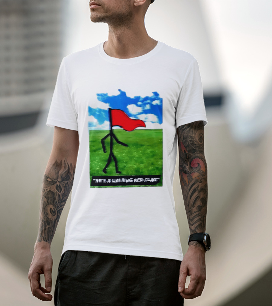 Stick Figure With Red Flag Walking In Field With Blue Sky T-Shirt