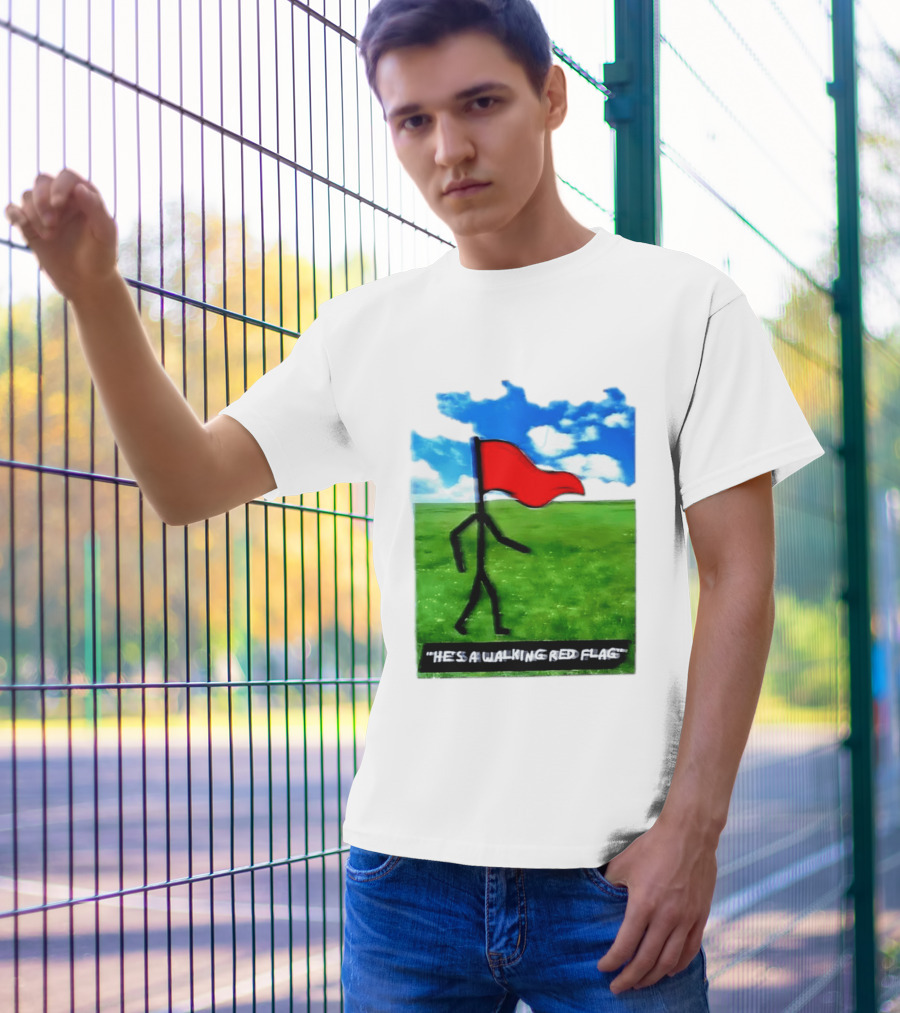 Stick Figure With Red Flag Walking In Field With Blue Sky T-Shirt
