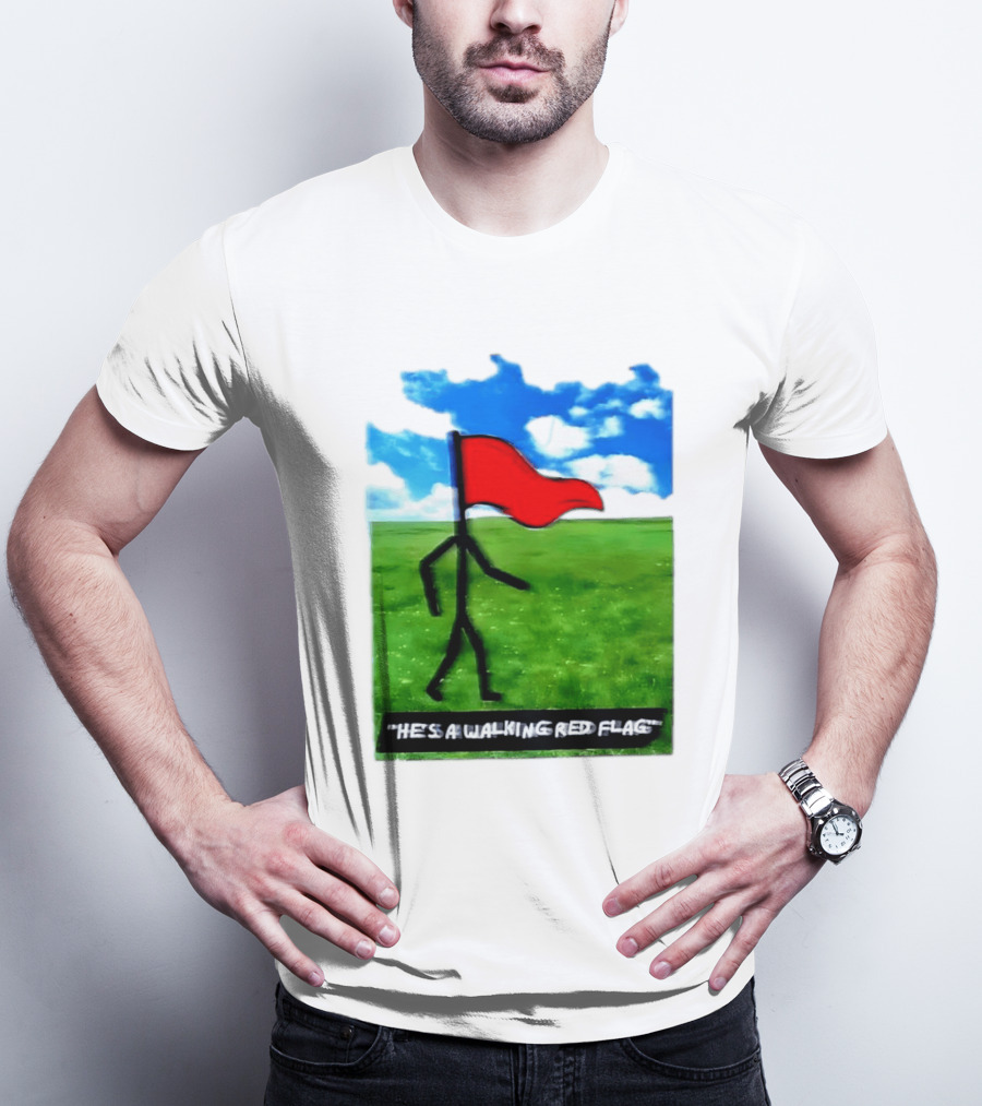Stick Figure With Red Flag Walking In Field With Blue Sky T-Shirt