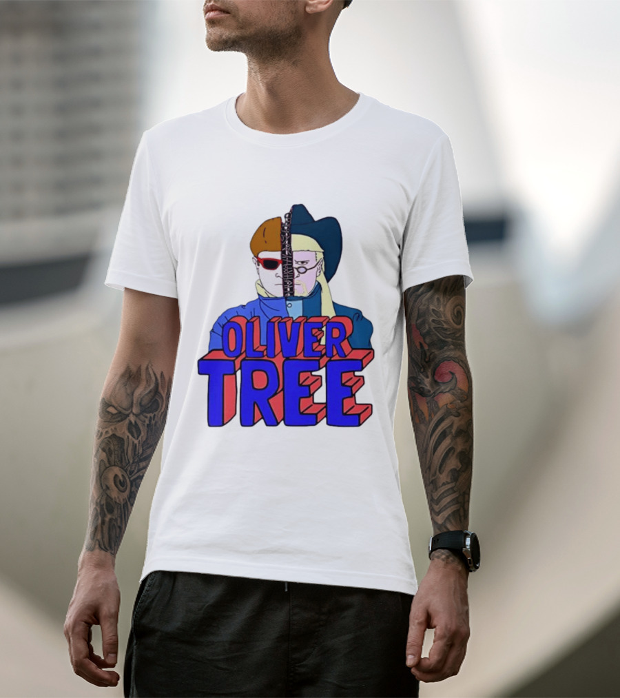 Oliver Tree Split Face Cowboy And Bowl Cut Red Blue T-Shirt
