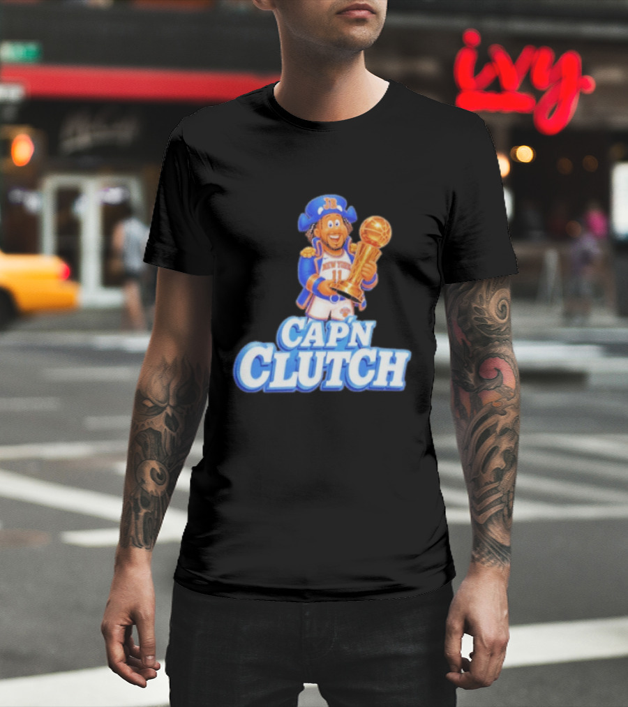 Cap'n Clutch Jalen Brunson New York Knicks Trophy Celebration T-Shirt