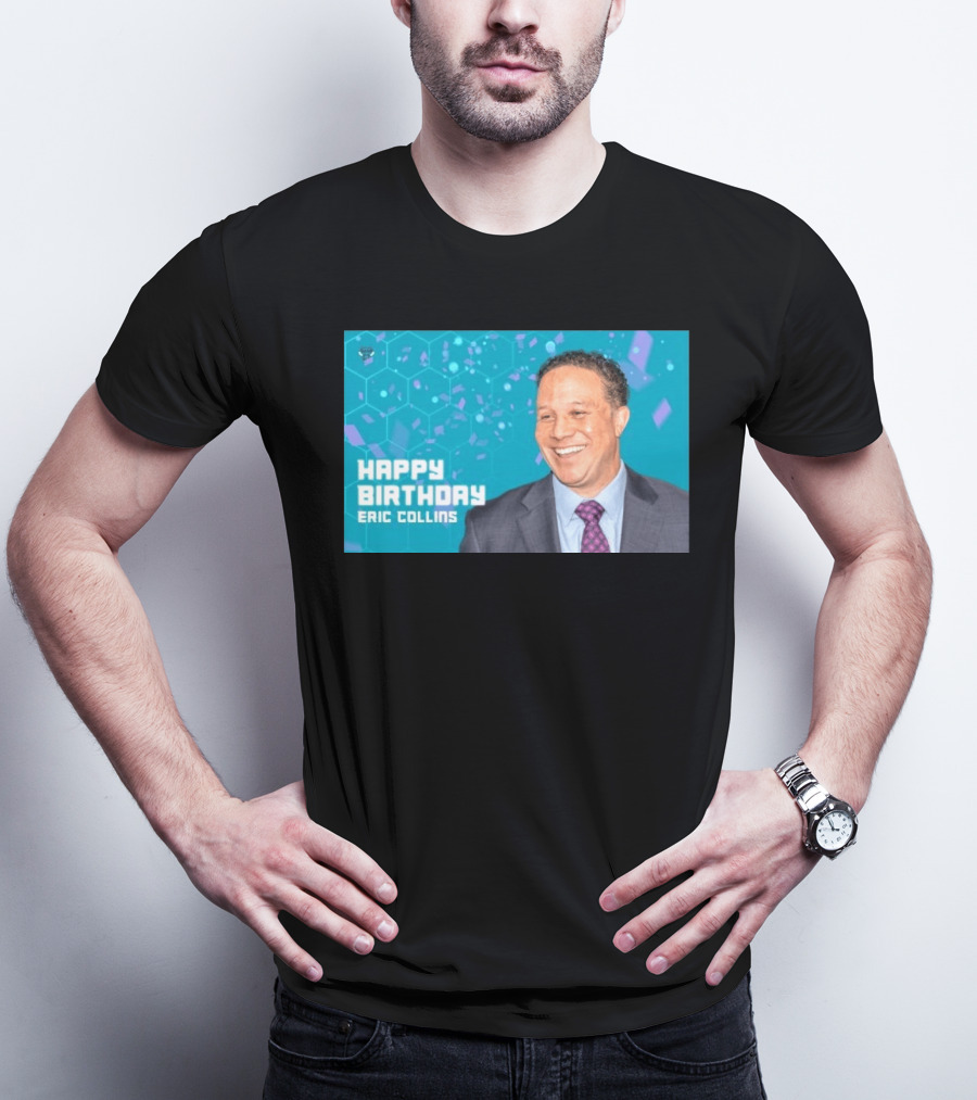 Happy 57th Birthday Eric Collins Celebration With Smiling Man And Turquoise Hexagonal T-Shirt