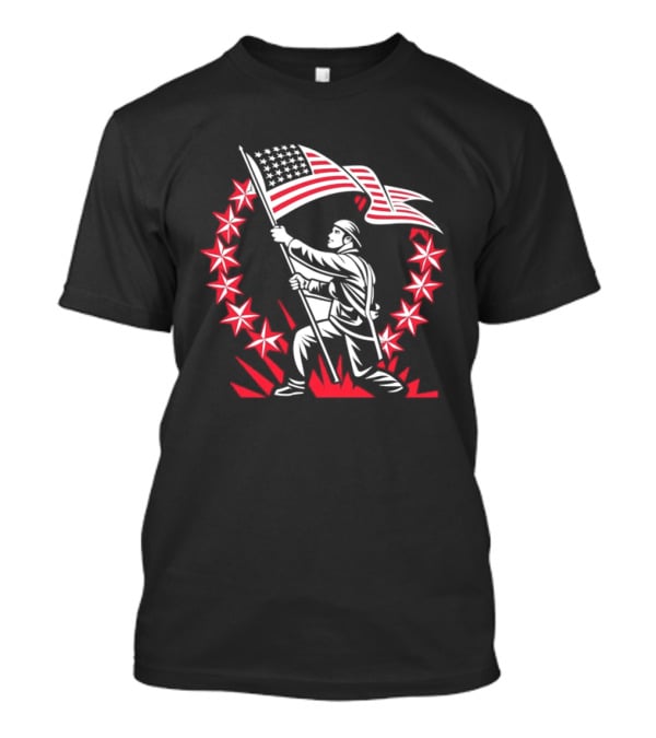 American Soldier Raising Flag USA Pride Patriotic Stars T-Shirt